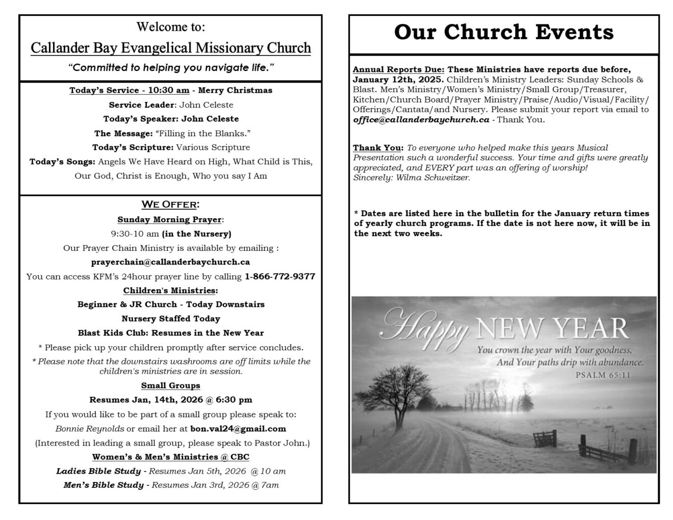 Sunday, Dec 28th, 2025 Bulletin - CALLANDER BAY CHURCH