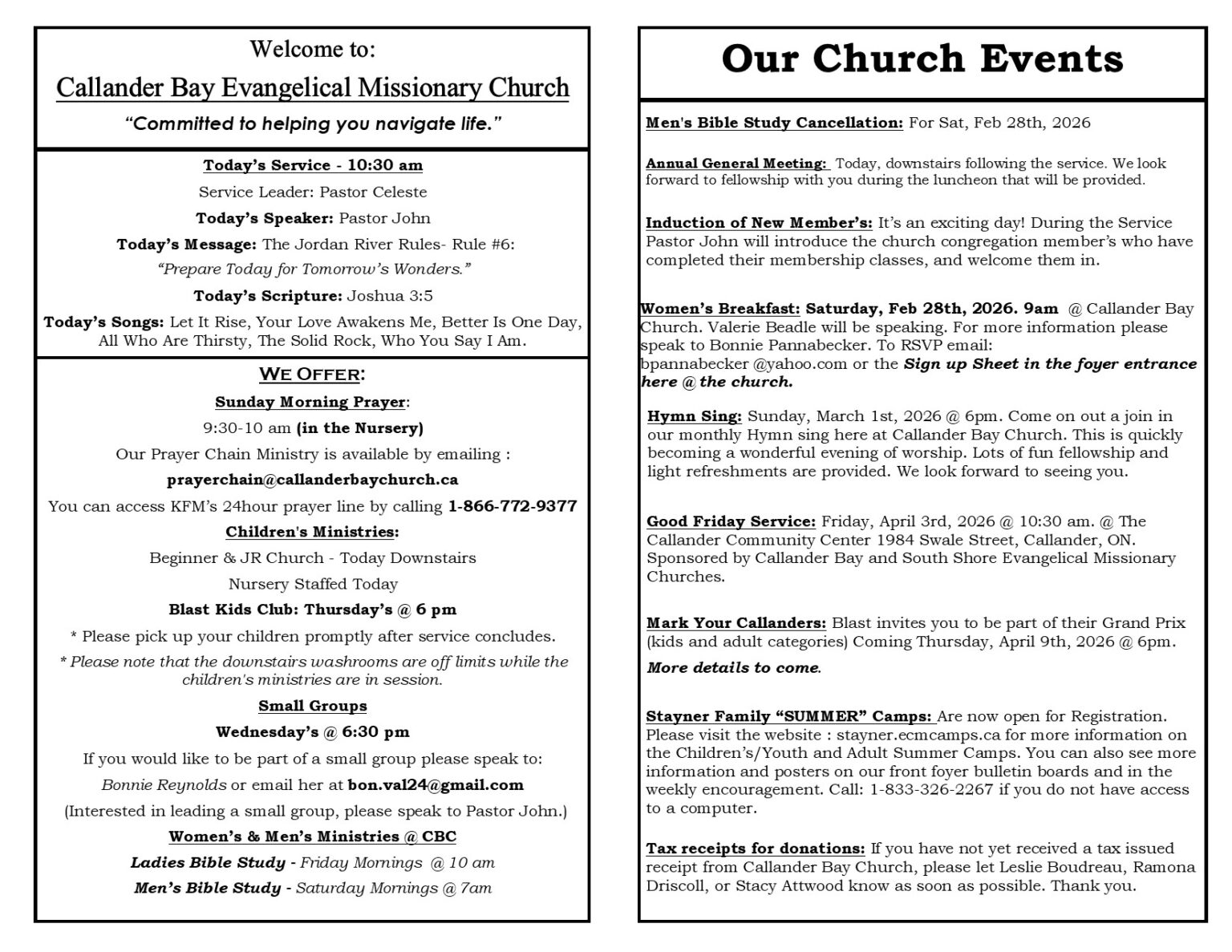 Sunday, February 22nd, 2026 Bulletin - CALLANDER BAY CHURCH